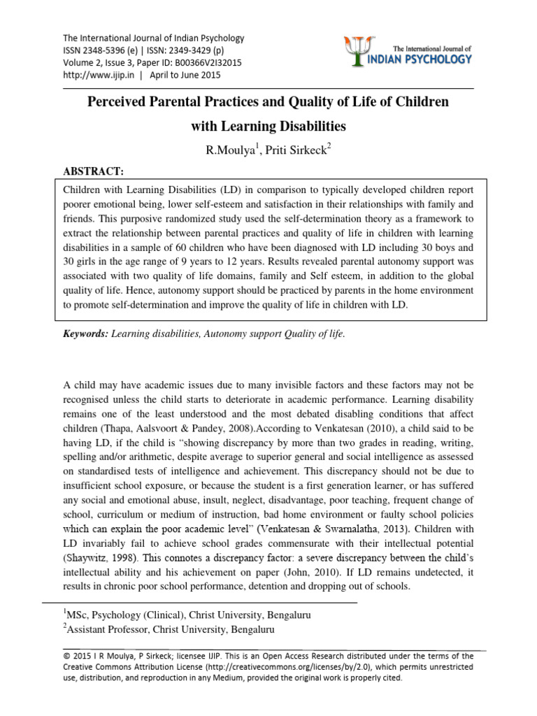 Quality of Life of Children With Learning Disabilities | PDF ...