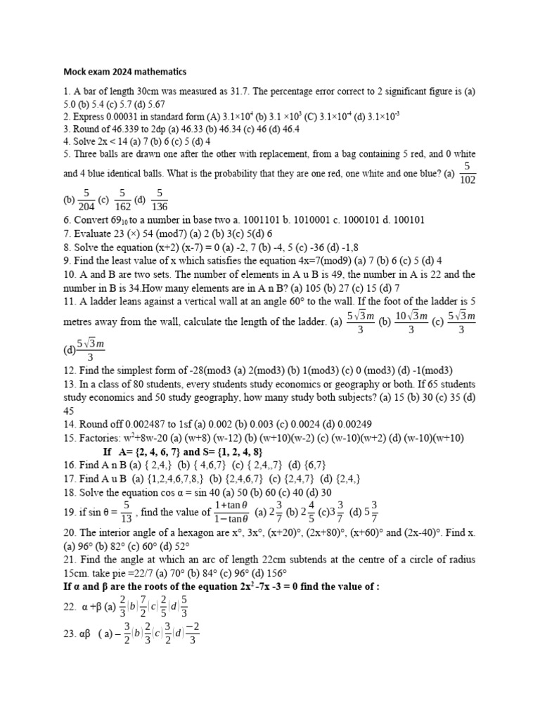 Mock Exam 2024 Mathematics | PDF | Constitution | Heads Of State