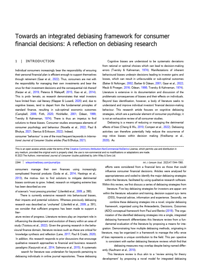 Towards An Integrated Debiasing Framework For Consumer Financial Decisions: A Reflection On ...