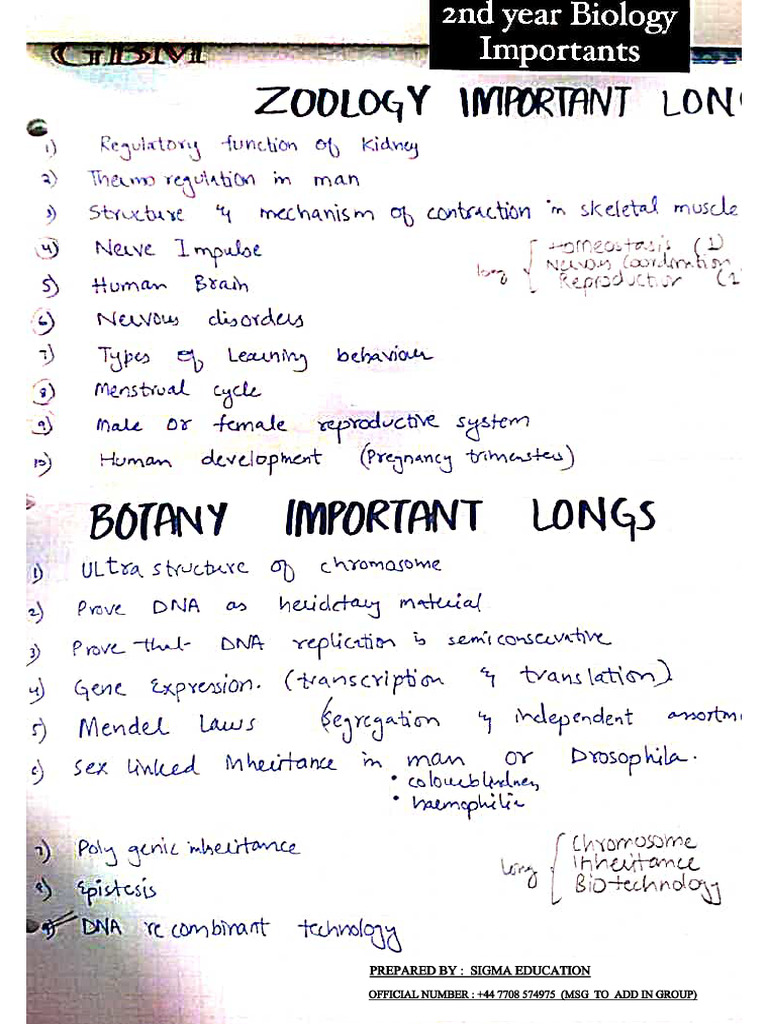 Xii-Biology Important 2024 Sigma Education | PDF