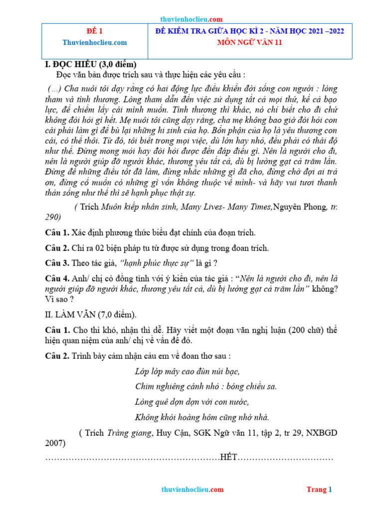 Bo de Thi Giua HK2 Ngu Van 11 Nam 2022 Co Dap An | PDF