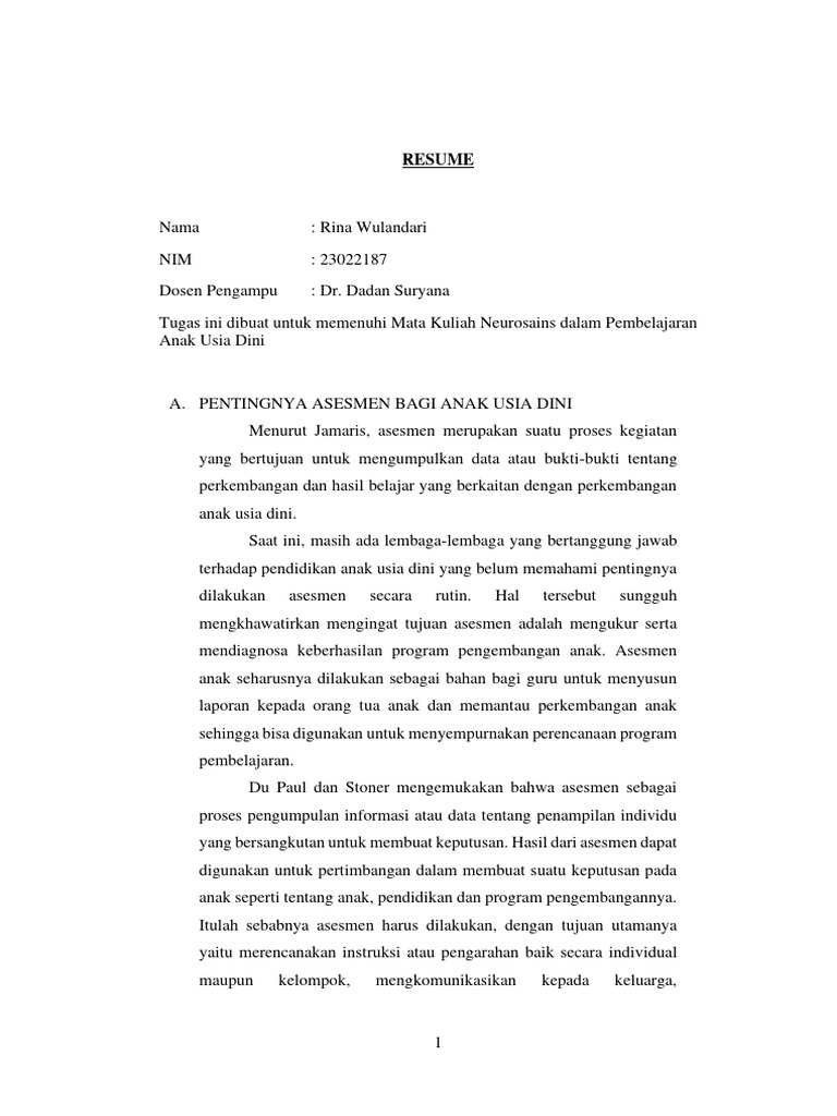 Pentingnya Asesmen Anak Usia Dini | PDF