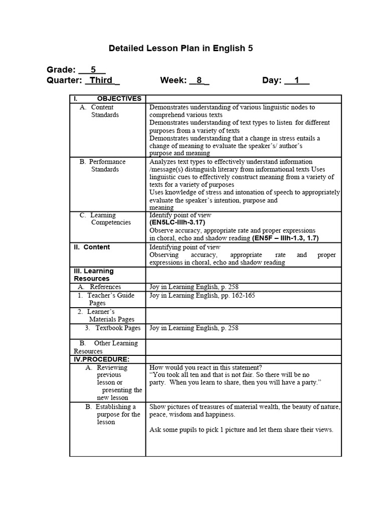 GRADE 5-3rd Quarter DLP in English Final | PDF | Learning | Narration