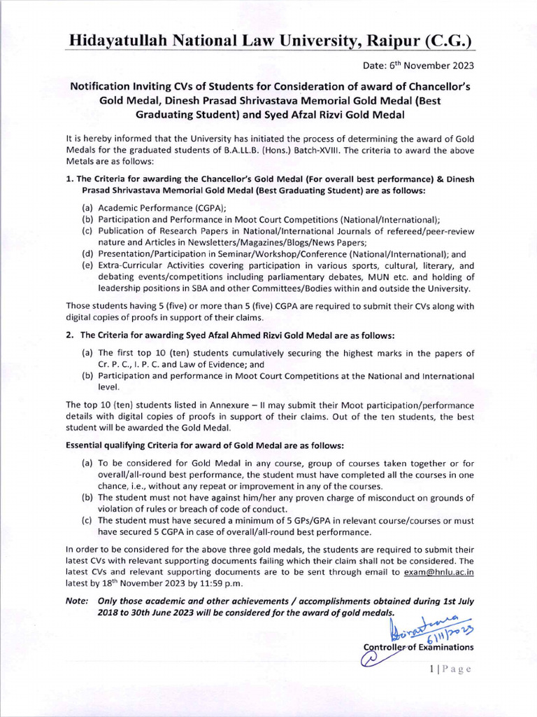 Notification Inviting CVs of Students For Award of Chancellors Gold ...