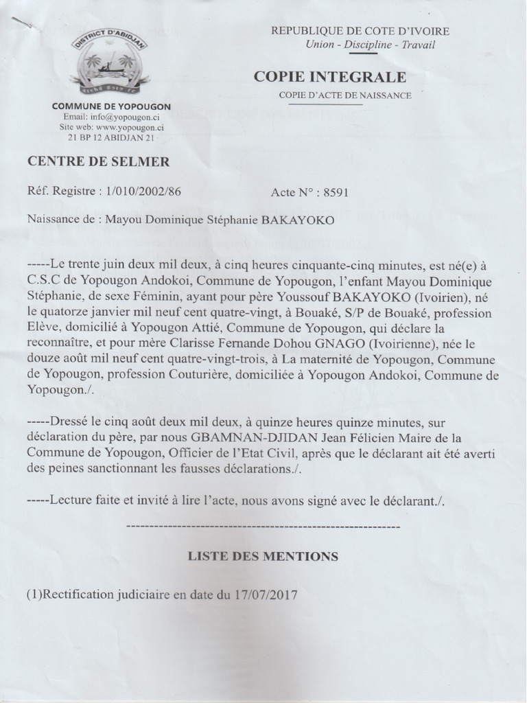 Copie Intégrale D'acte de Naissance - Mayou Dominique Stéphanie BAKAYOKO | PDF