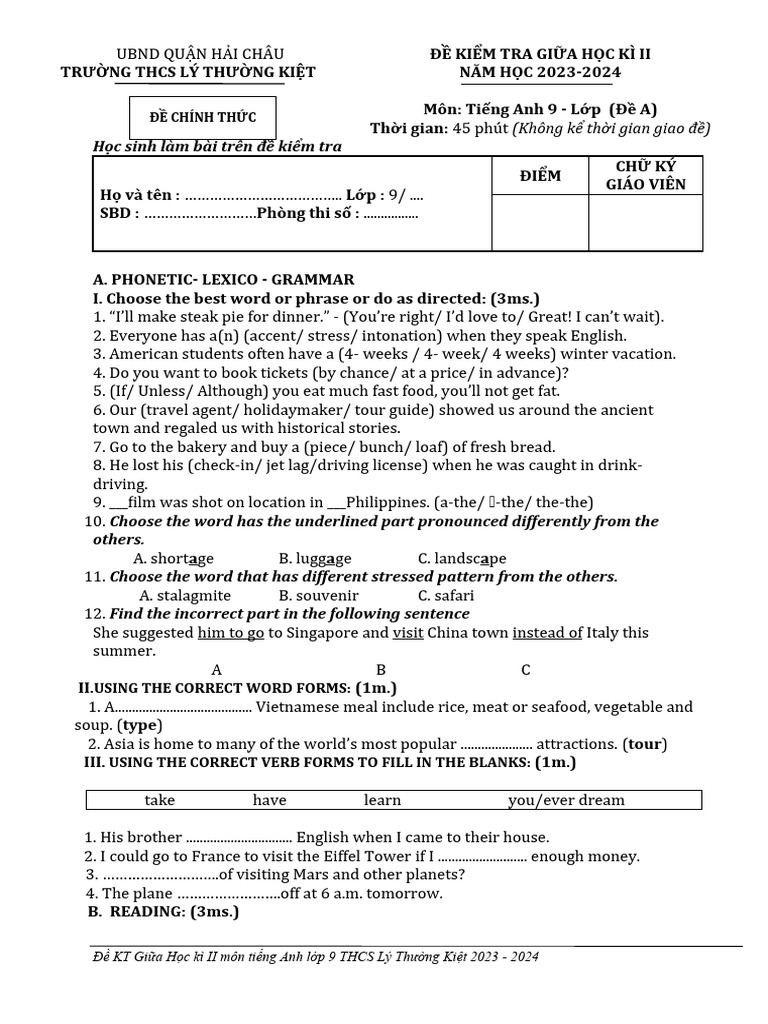 Đê Anh Gi A Kì Ii Anh 9 - A | PDF | Cooking | Foods