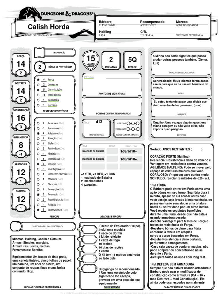 Calish Horda o Halfling, Bárbaro do CAMINHO DA MAGIA SELVAGEM. | PDF