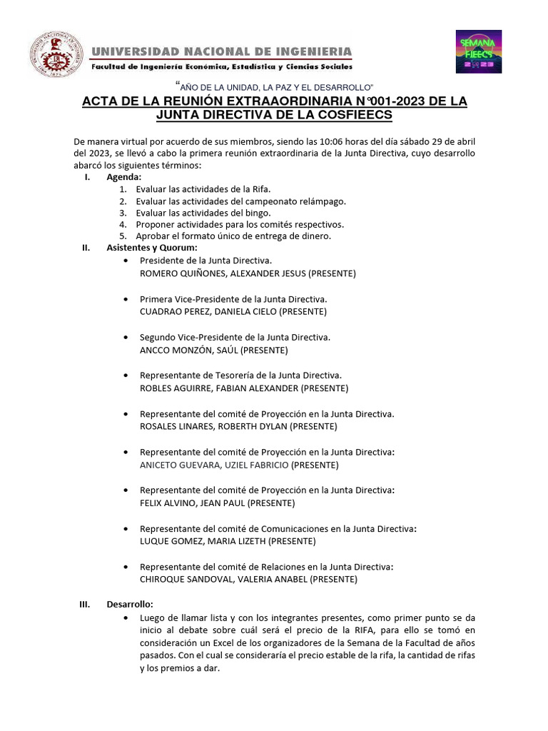 ACTA DE LA REUNIÓN EXTRAORDINARIA N°001-2023 DE LA JUNTA DIRECTIVA DE LA COSFIEECS | PDF
