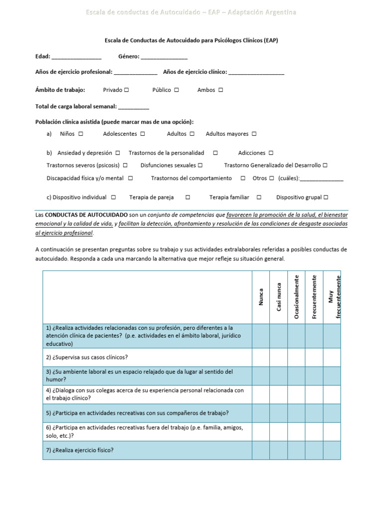 ESCALA-CONDUCTAS-DE-AUTOCUIDADO para Psic Clínicos VERSION FINAL | PDF ...