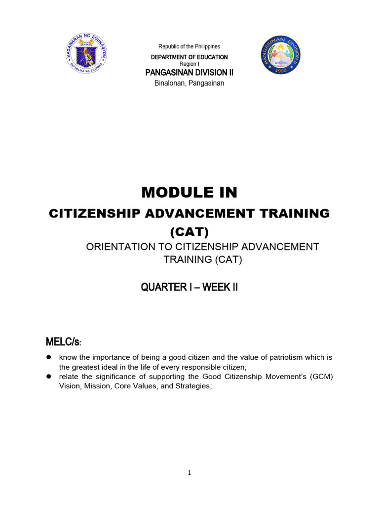 CAT-Module-Q1 Week-2-Good-Citizenship-Mission-Vision-Patriotism | PDF | Citizenship | Philippines