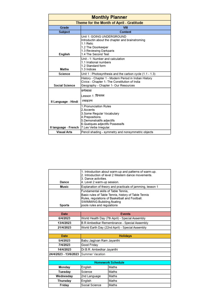 Monthly Planner - Gr-8 - April - 2023 | PDF | English Language ...