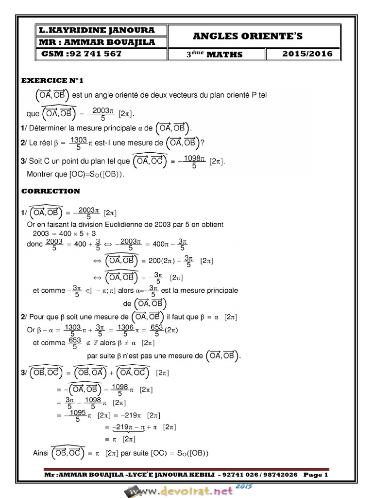 Série Corrigée D'exercices de Contrôle N°1 - Math Angles Orintés - 3ème Math (2015-2016) MR ...