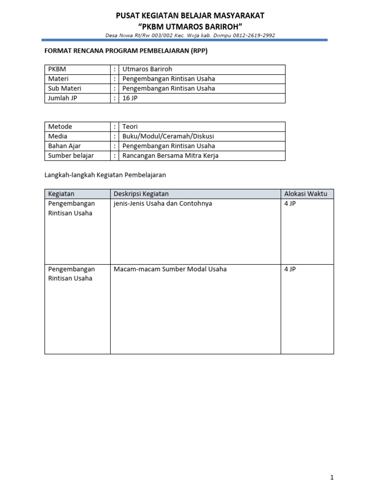 RPP PKW 2024 Pengembangan Rintisan Usaha PKBM UTMAROS BARIROH | PDF | Karier & Perkembangan