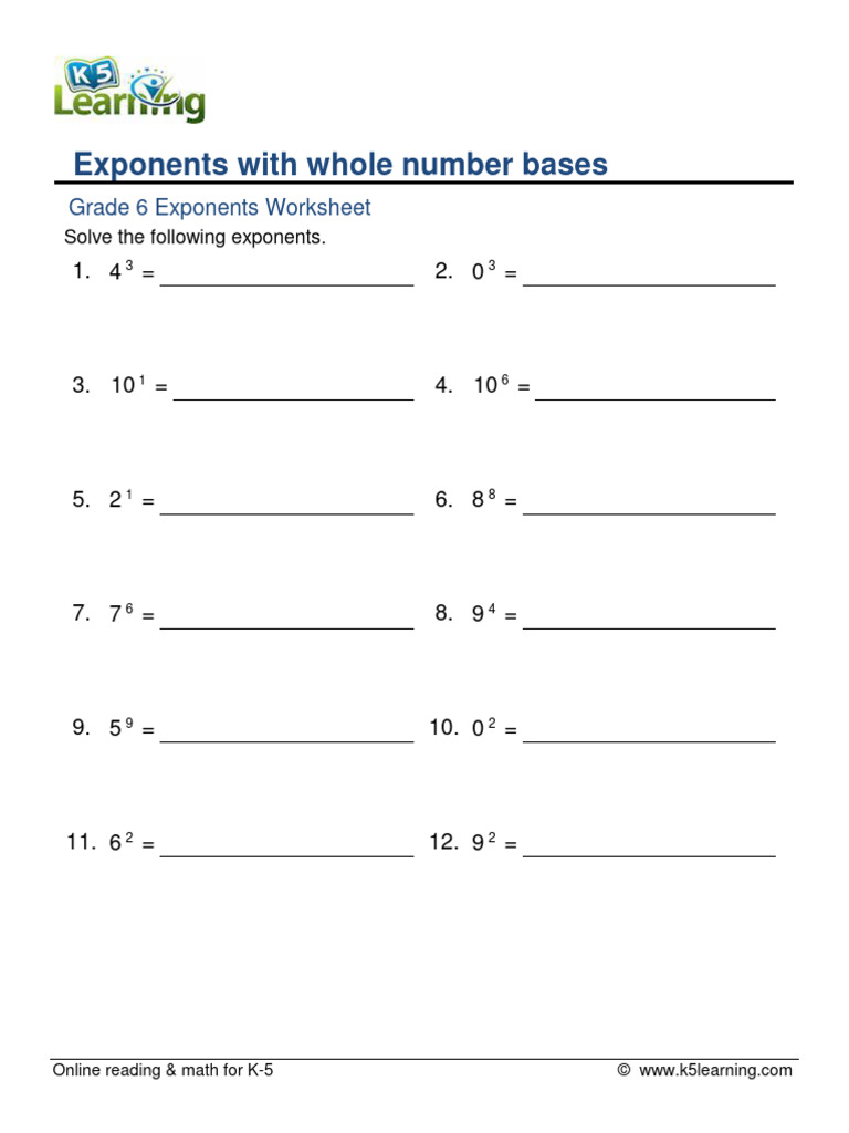 Grade 6 Exponents Whole Number Base Easy C | PDF