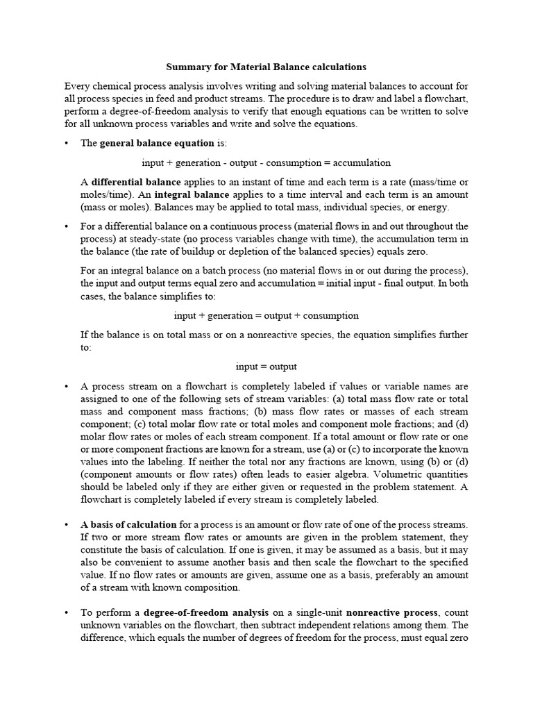 Summary For Material Balance Calculations | PDF | Stoichiometry ...