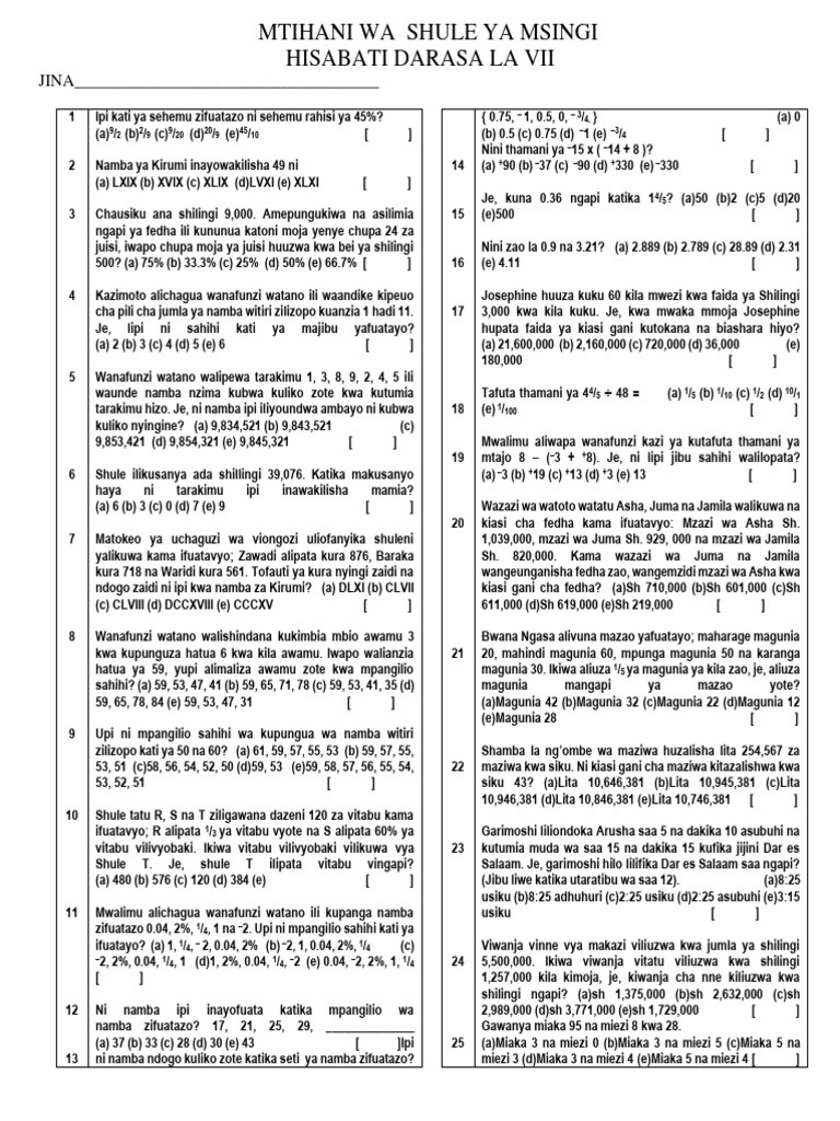 Hisabati3 STD 7, Round 6, 2024 | PDF