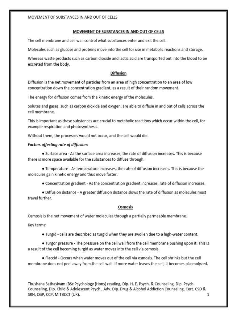 Movement of Substances in and Out of Cells | PDF | Diffusion | Osmosis