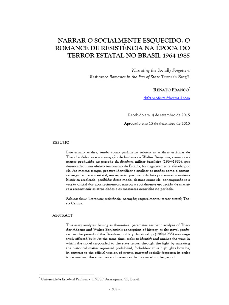 Renato Franco Narrar o Socialmente Esquecido o Romance de Resistência ...