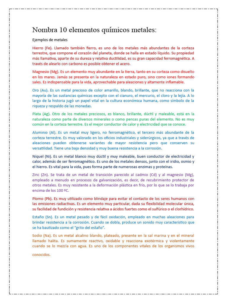 Nombra 10 Elementos Químicos Metales | PDF | Elementos químicos ...