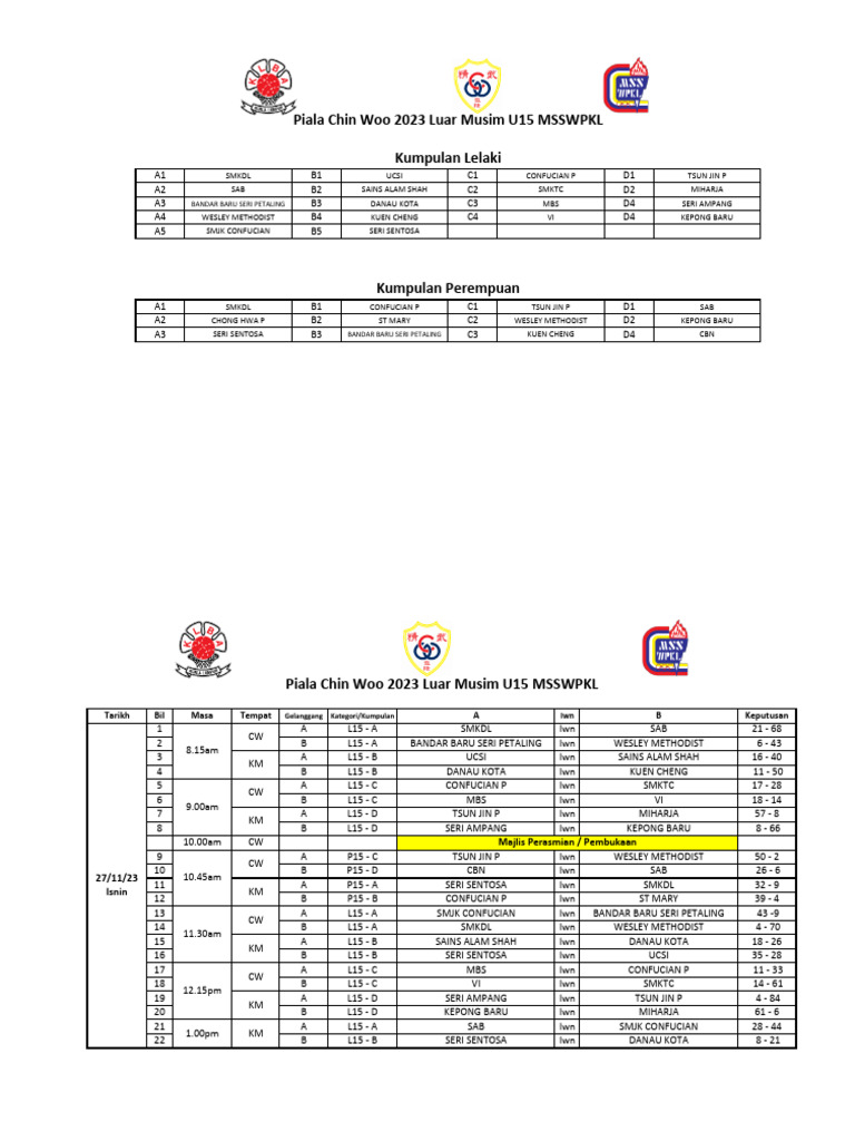 Piala Chin Woo 2023 - Schedule (Final) 29-11-23 | PDF
