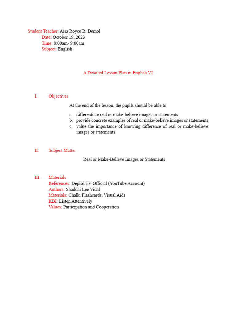 English Lesson Plan: Real vs. Make-Believe | PDF