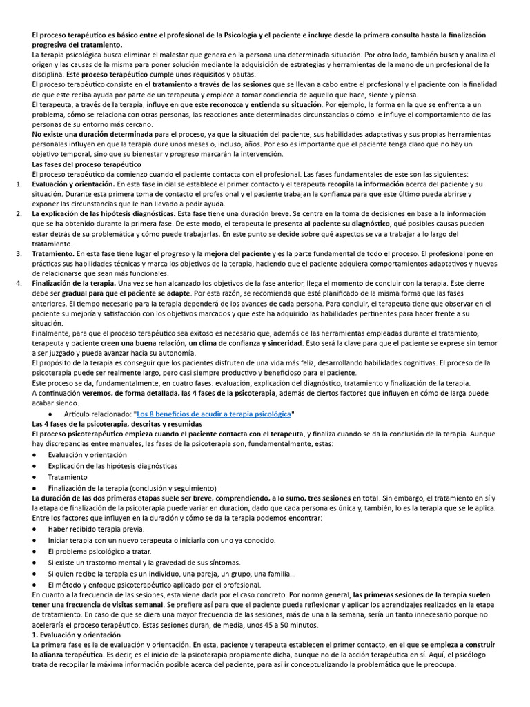 Fases del Proceso Terapéutico en Psicología | PDF | Psicoterapia ...
