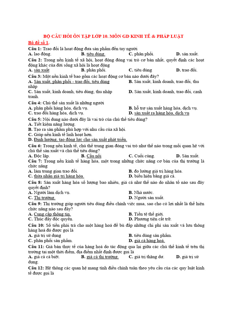 ĐÁP ÁN CÂU HỎI ÔN TẬP LỚP 10 GDKT&PL | PDF