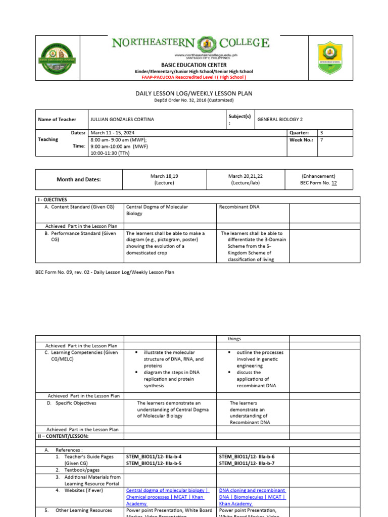 Jullian's Daily Lesson Log | PDF | Recombinant Dna | Molecular Cloning