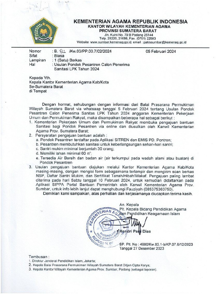 Surat Usulan Bantuan Sanitasi LPK 2024 | PDF