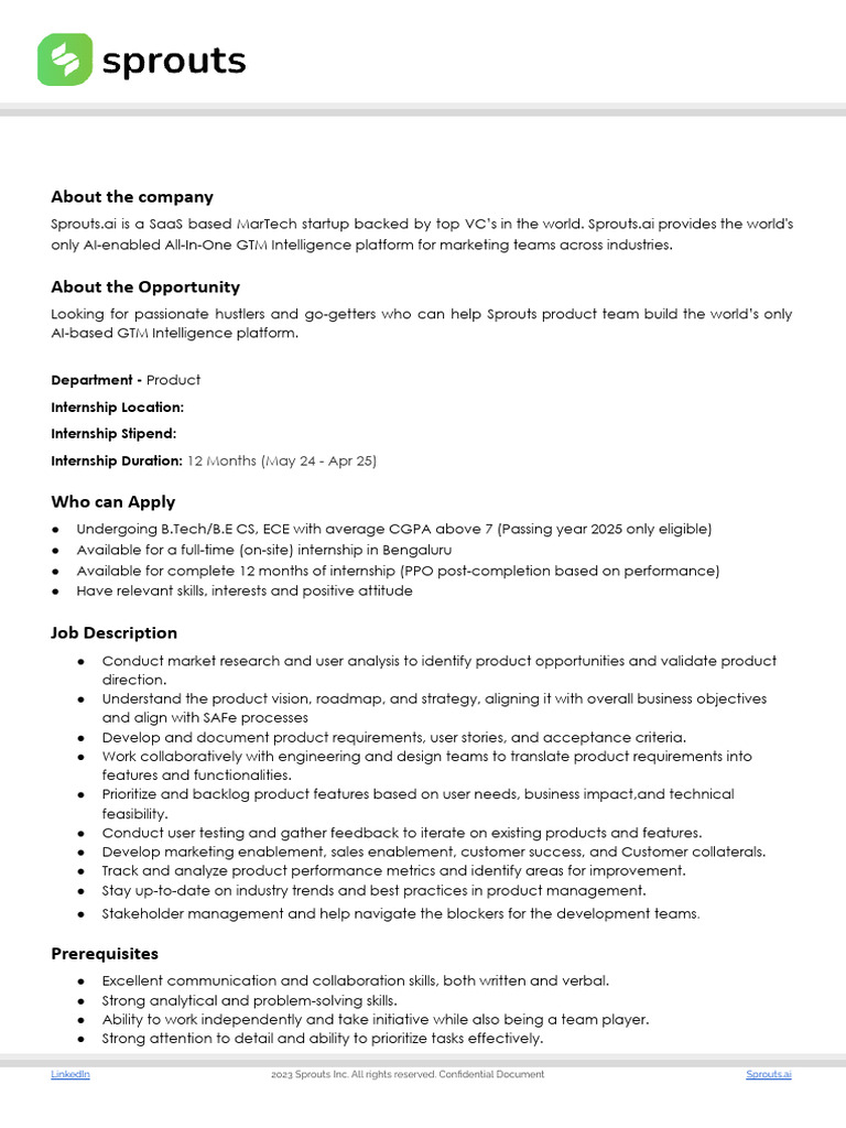 Sprouts Job Description - Product Management | PDF | Internship | Job ...