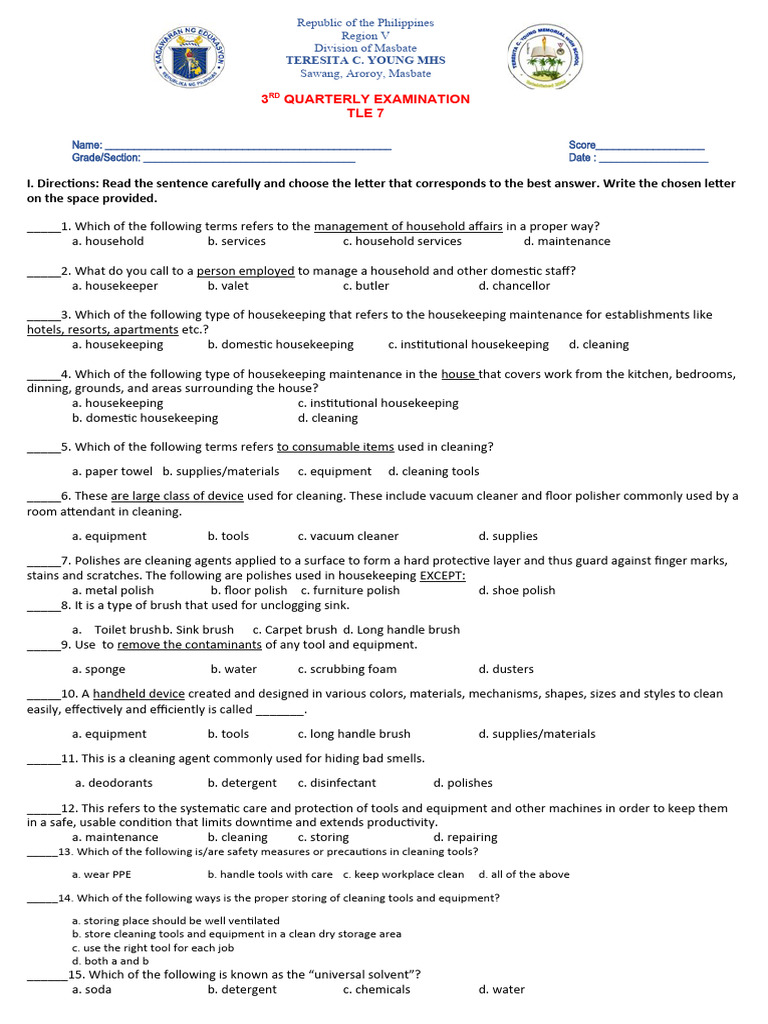 Q3 SUMMATIVE TLE | PDF | Housekeeping