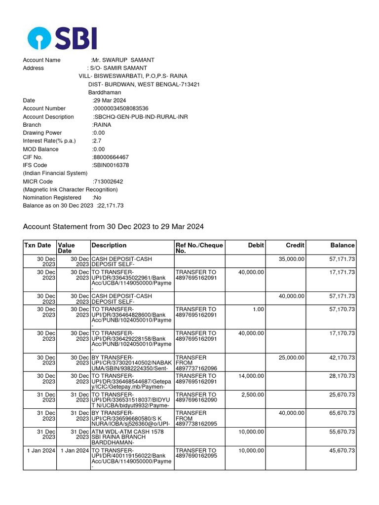 Account Statement From 30 Dec 2023 To 29 Mar 2024 | PDF | Banks ...