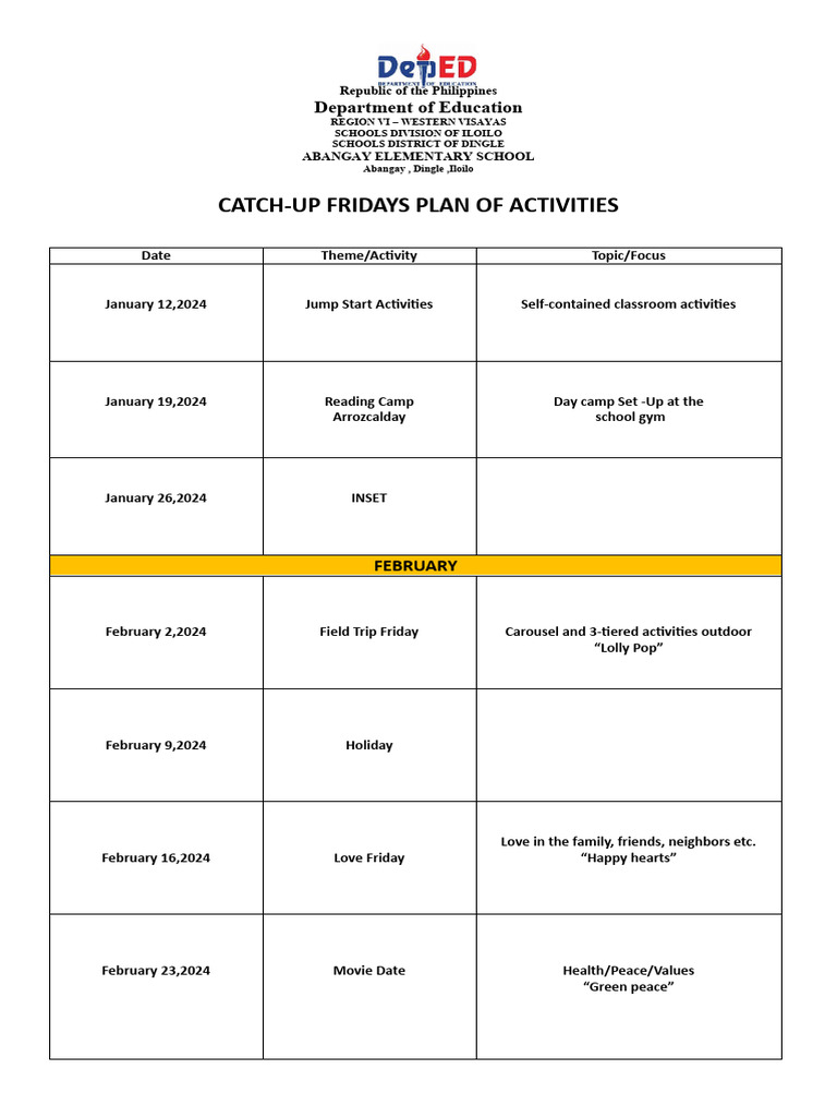 Catch Up Friday Plan of Activities | PDF