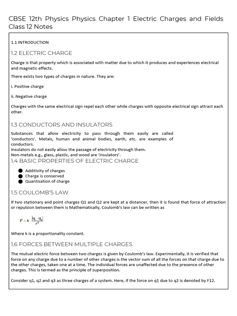 Cbse Class 12 Physics CH 1 Electric Charges and Fields Notes PDF | PDF ...