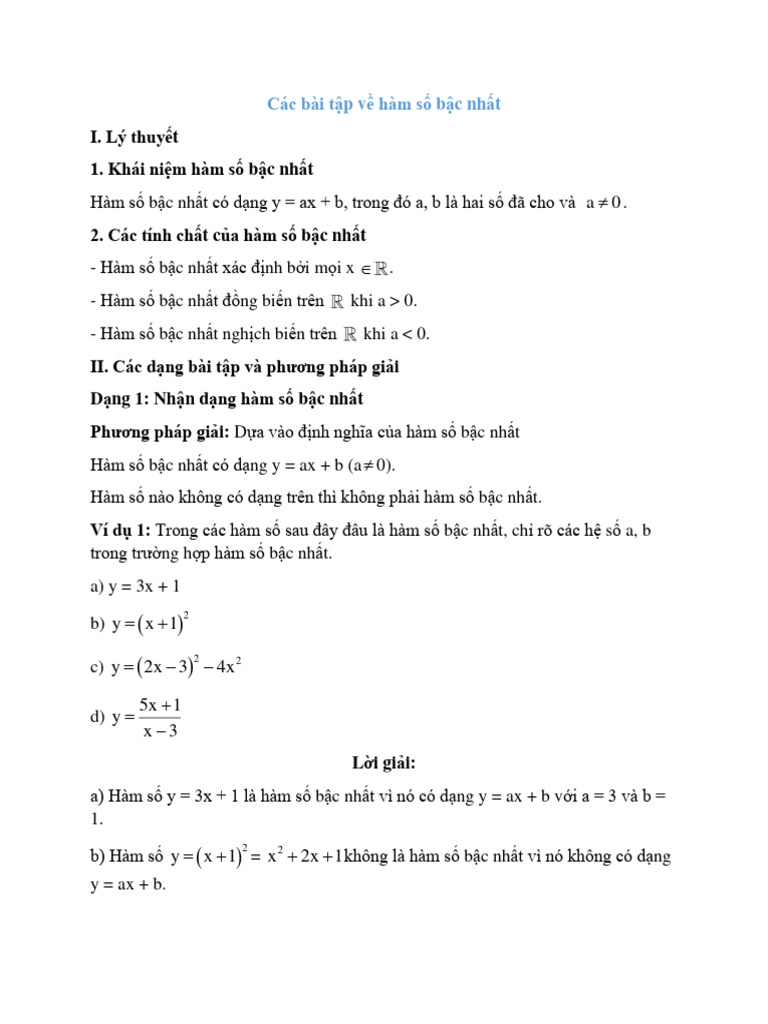 Bai Tap Ve Ham So Bac Nhat Va Cach Giai Toan Lop 9 | PDF