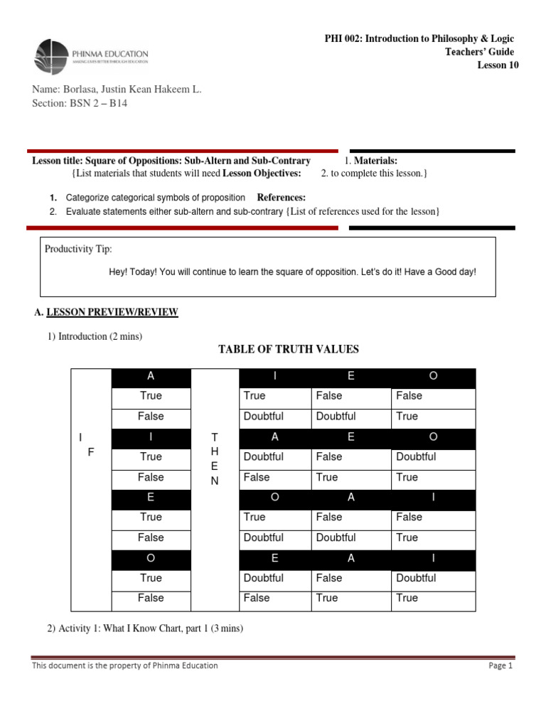 Borlasa - Justin Kean Hakeem L. - Lesson 10 | PDF | Proposition | Truth
