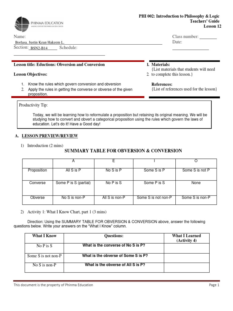 Borlasa - Justin Kean Hakeem L. - Lesson 12 | PDF | Proposition | Logic
