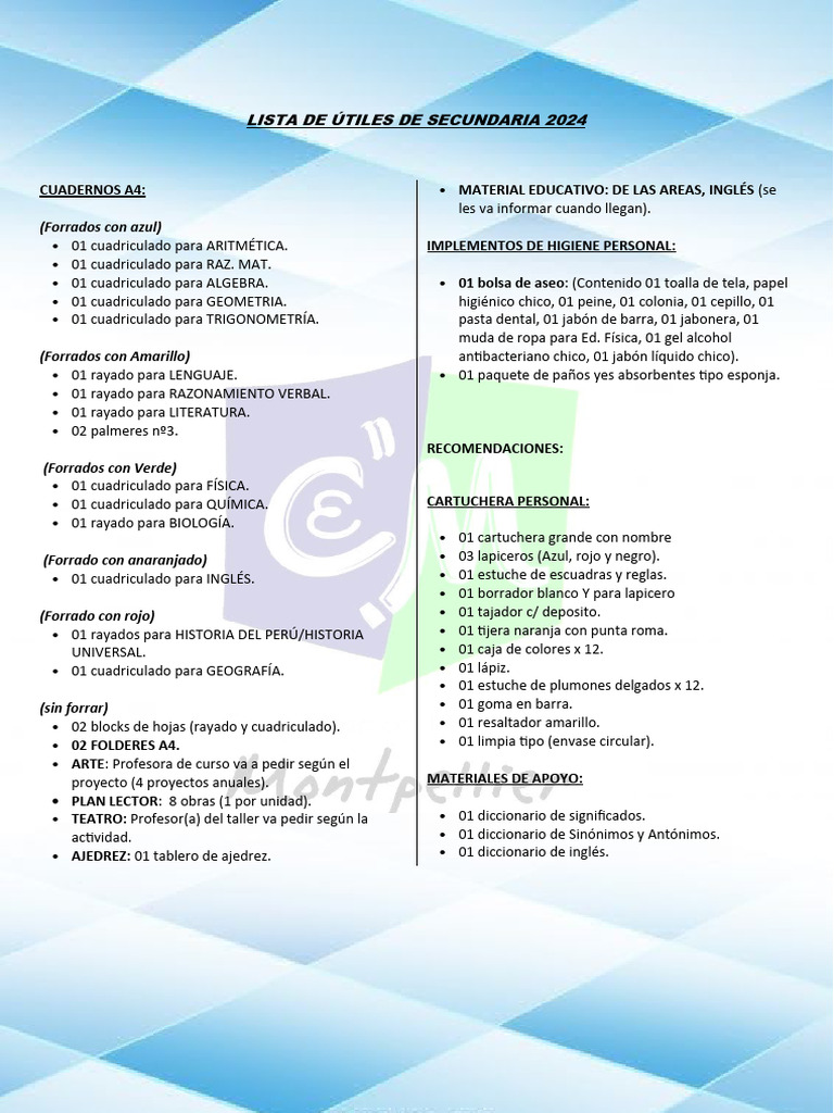 Lista de Útiles de 2do de Secundaria 2024 | PDF