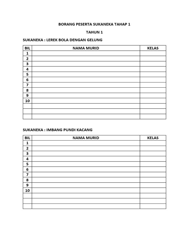 Borang Peserta Sukaneka Tahap 1 | PDF