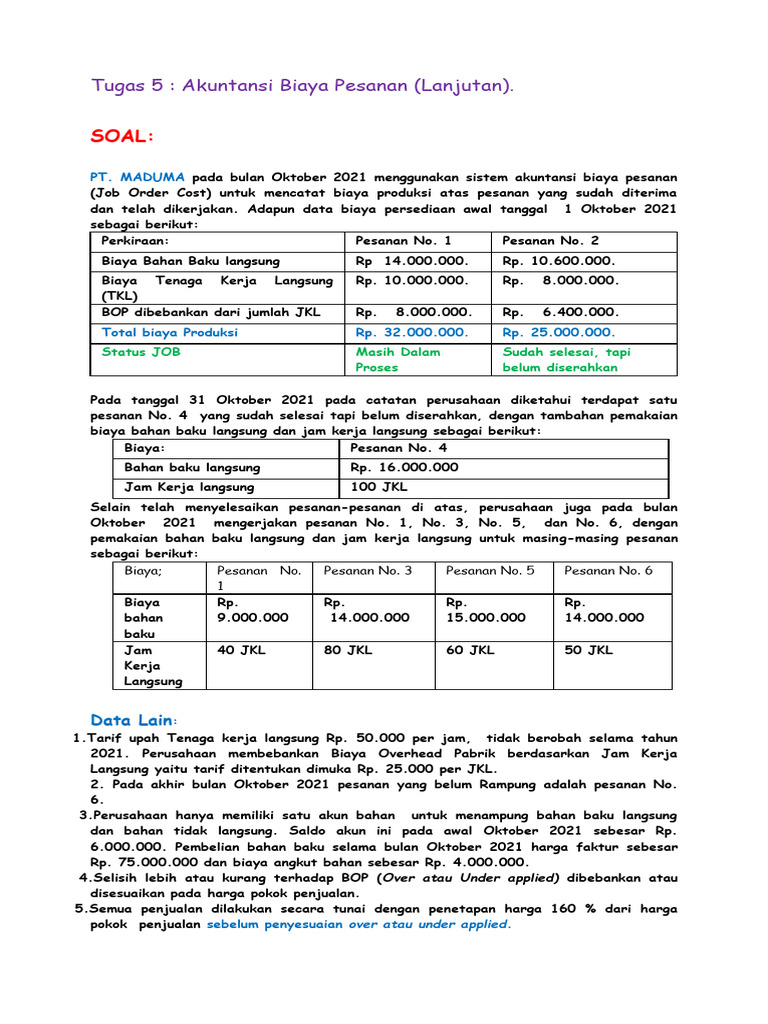 Soal Kuis 5 Akuntansi Biaya Pesanan (Lanjutan) | PDF