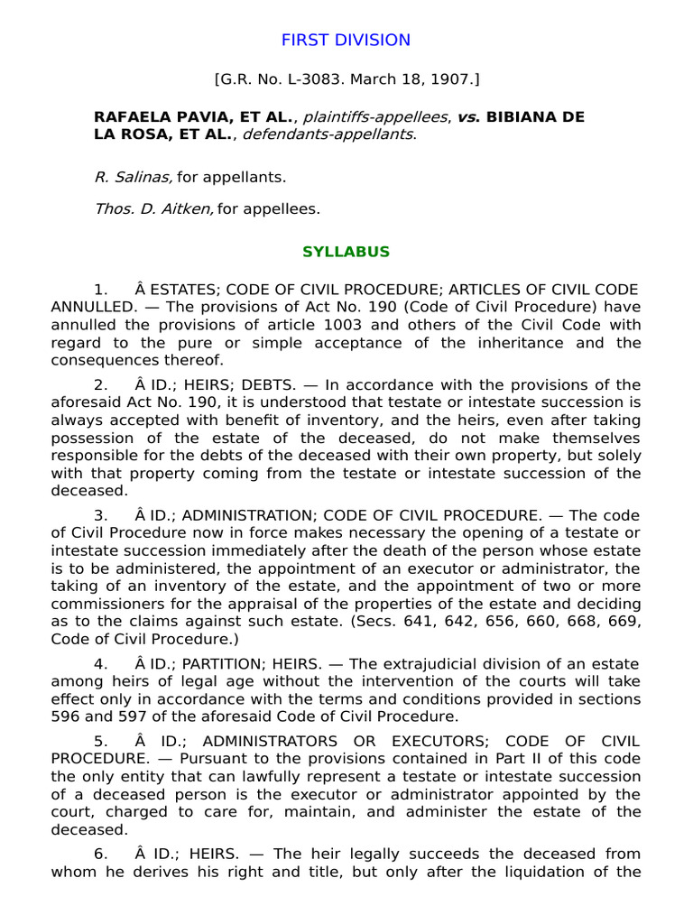 Pavia v. de La Rosa | PDF | Intestacy | Executor