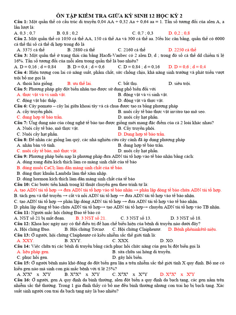 Đáp Án Ôn Tập Ktgk Sinh 12 | PDF