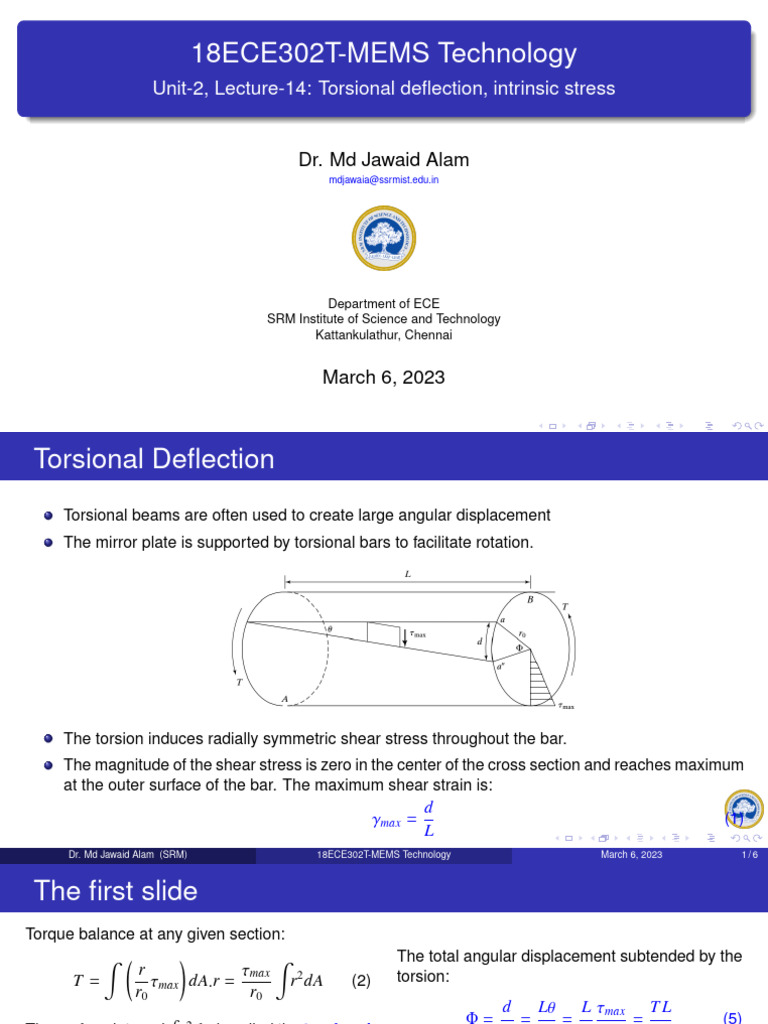 18ECE302T-U2-L14 Torsional deflection, intrinsic stress | PDF | Bending ...