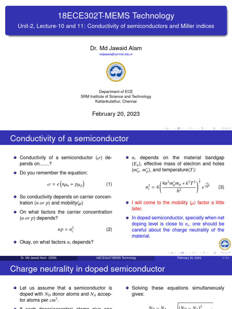 18ECE302T-U2-L10 and 11 Conductivity of Semiconductors and Miller Indices | PDF | Electrical ...