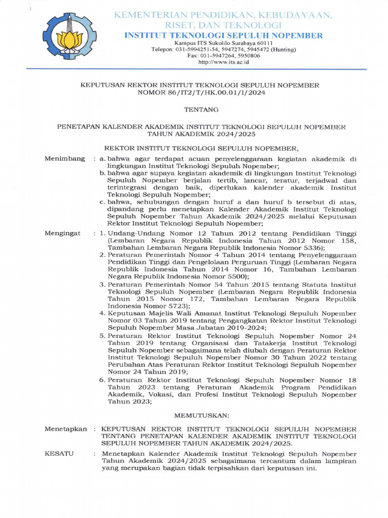 86 - SK Rektor Tentang KALENDER AKADEMIK ITS TAHUN AKADEMIK 2024-2025 | PDF