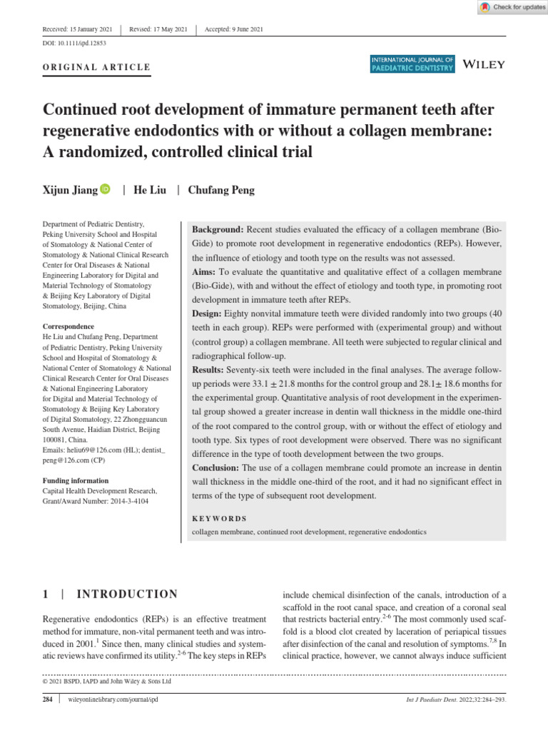 Int J Paed Dentistry - 2021 - Jiang - Continued Root Development of ...