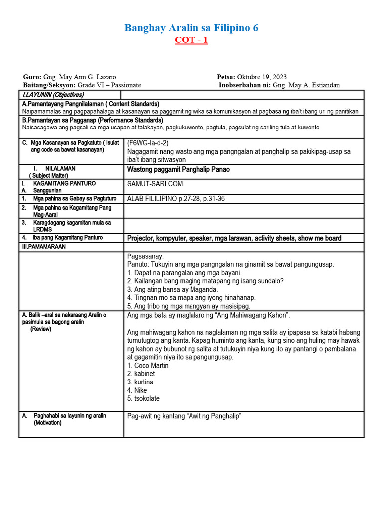 Cot 1 - Q1 Filipino | PDF