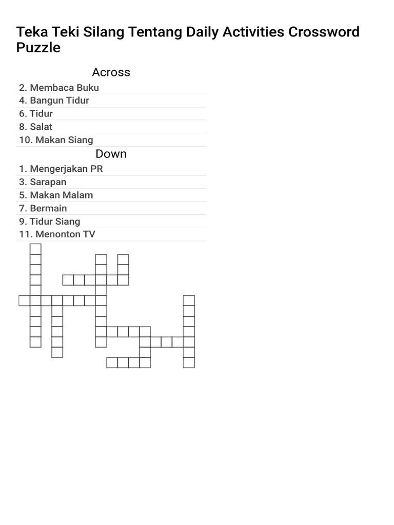 Teka Teki Silang Tentang Daily Activities Crossword Puzzle - ProProfs ...