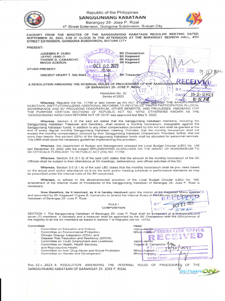 Resolution No. 32 Series of 2023 Amending The IRP of SK JP Riza | PDF