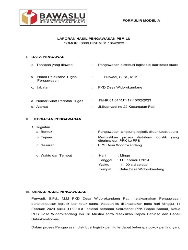 FORM A Pengawasan Logistik Desa Widorokandang | PDF FORM A Pengawasan Logistik Desa Widorokandang | PDF